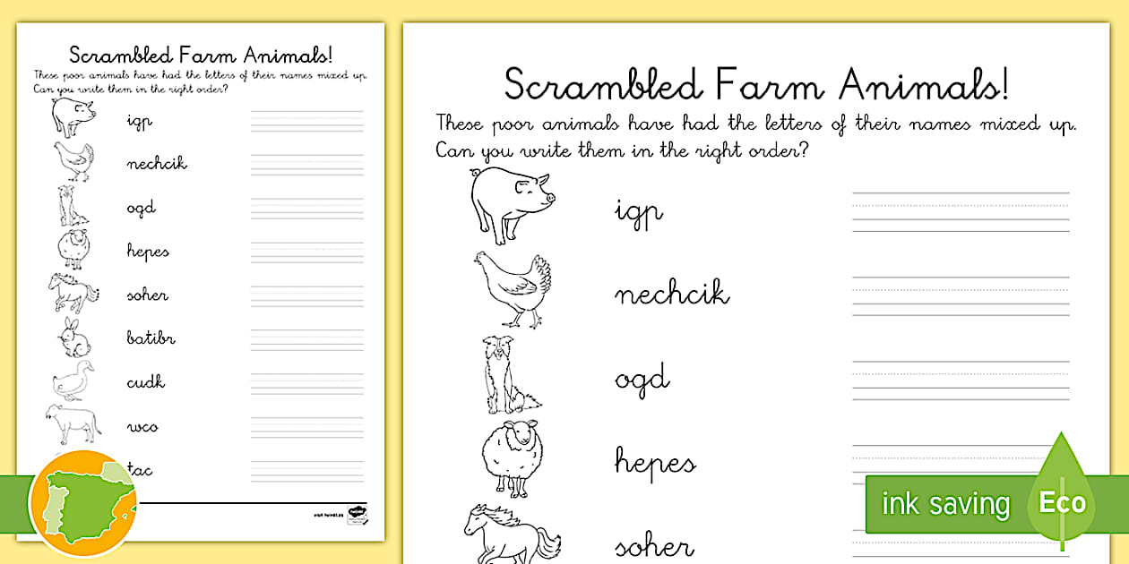 A1 Ficha de actividad: Ordena y escribe animales de la granja en inglés