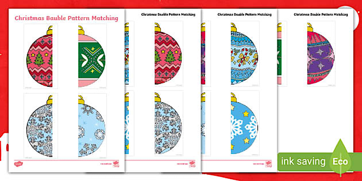 Black and White Christmas Bauble Pattern Matching Activity
