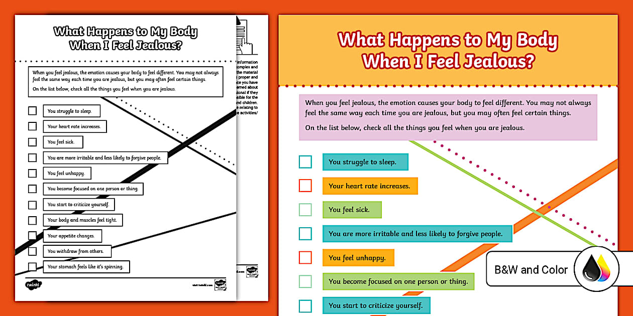 What Happens to My Body When I Feel Jealous? Worksheet for 3rd-5th Grade