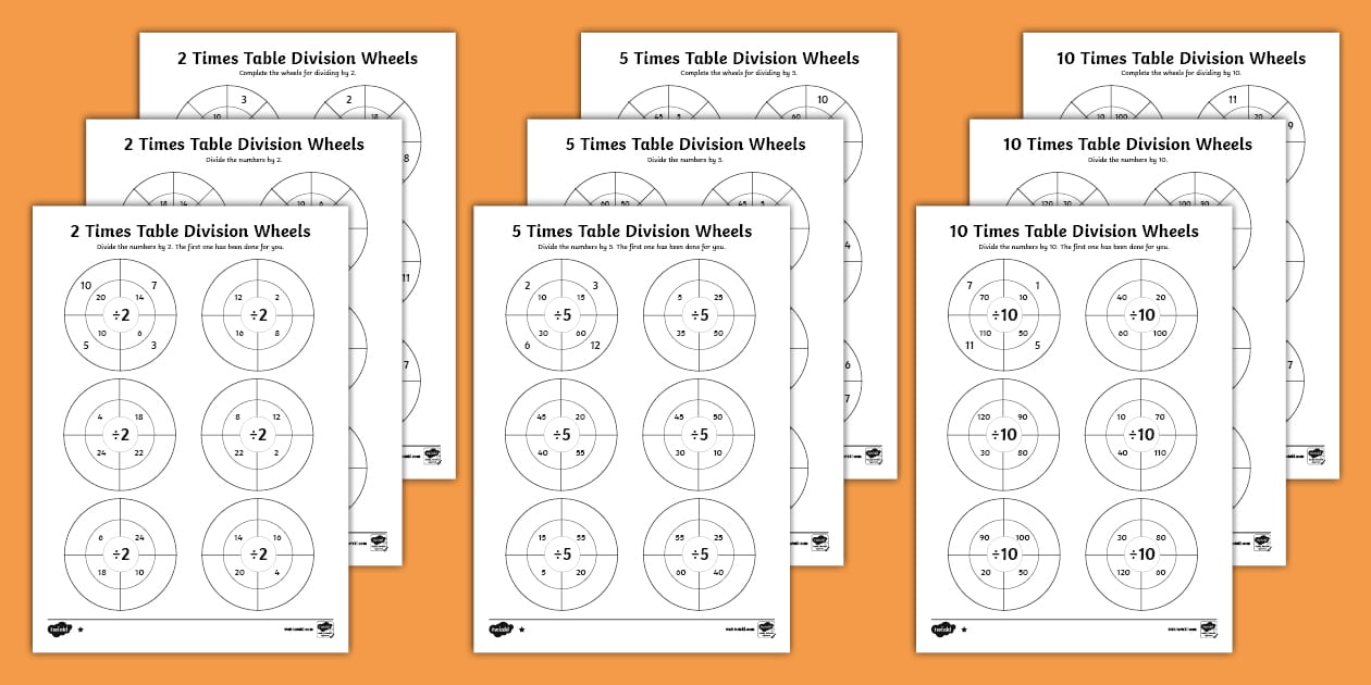 👉 2, 5 and 10 Times Table Division Wheels Worksheet Pack
