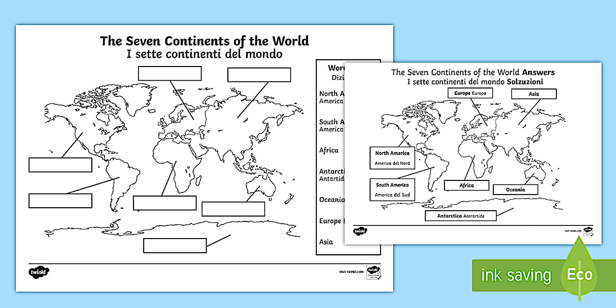 The Seven Continents Labeling Worksheet / Worksheet English/Italian
