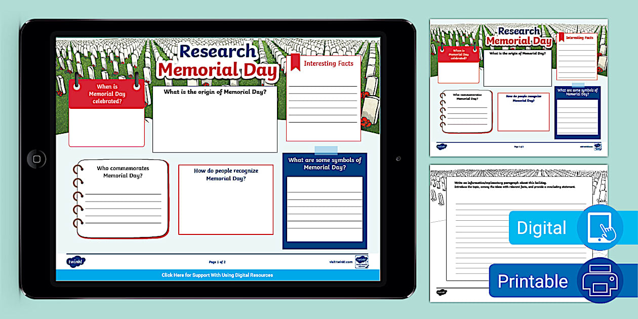 Research Memorial Day Graphic Organizer & Writing Template for 6th-8th ...