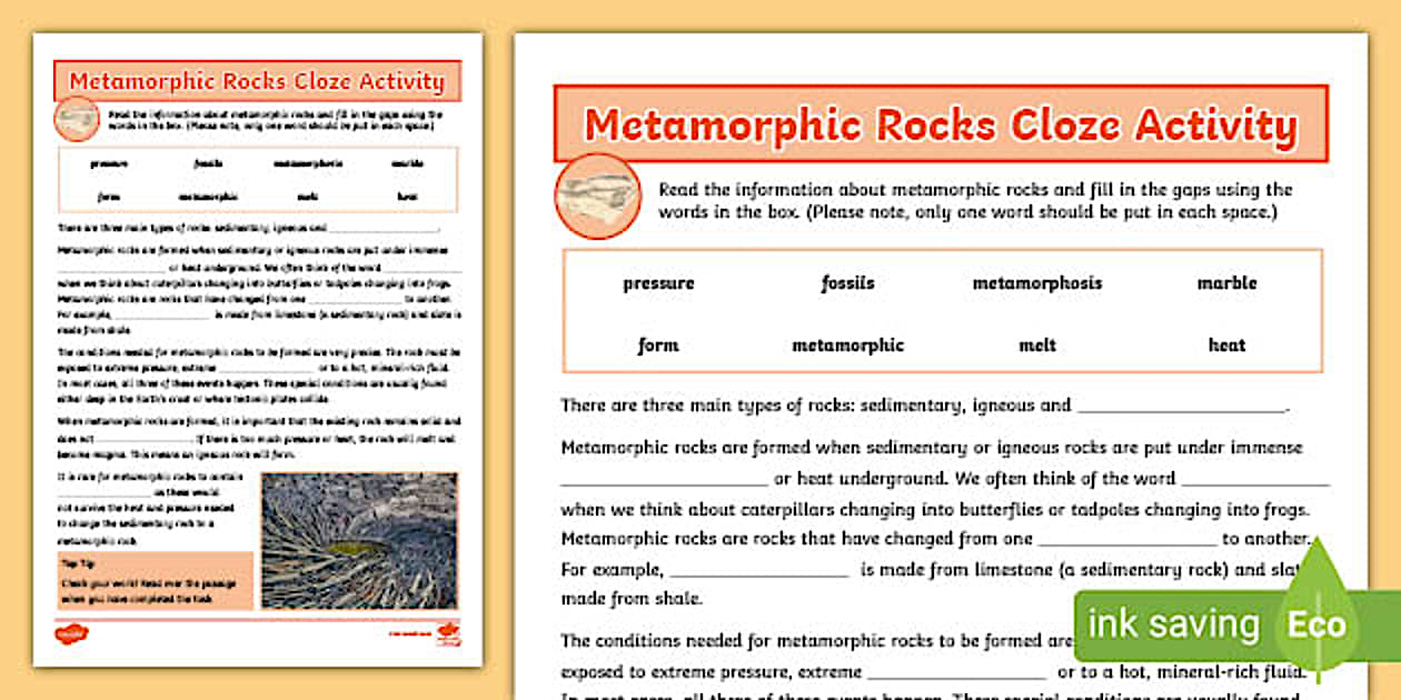 KS2 Metamorphic Rocks Cloze Activity (teacher made) - Twinkl