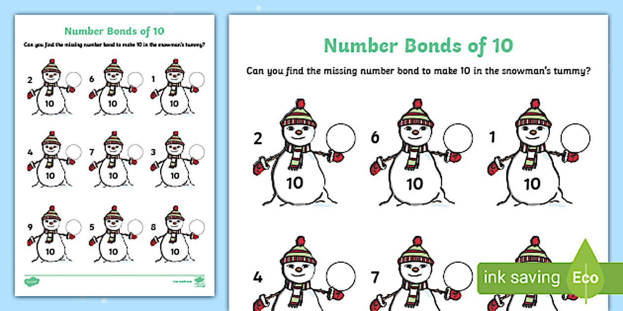 👉 Number Bonds to 10 on Snowmen Worksheet - Twinkl
