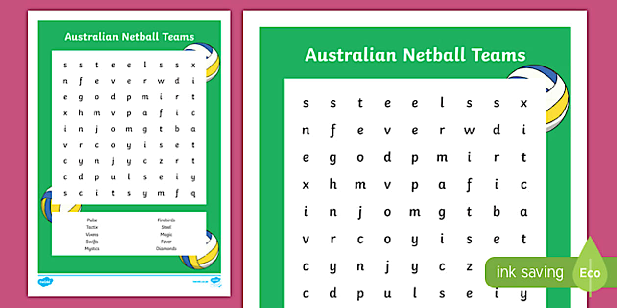 Black and White Australian Netball Teams Word Search
