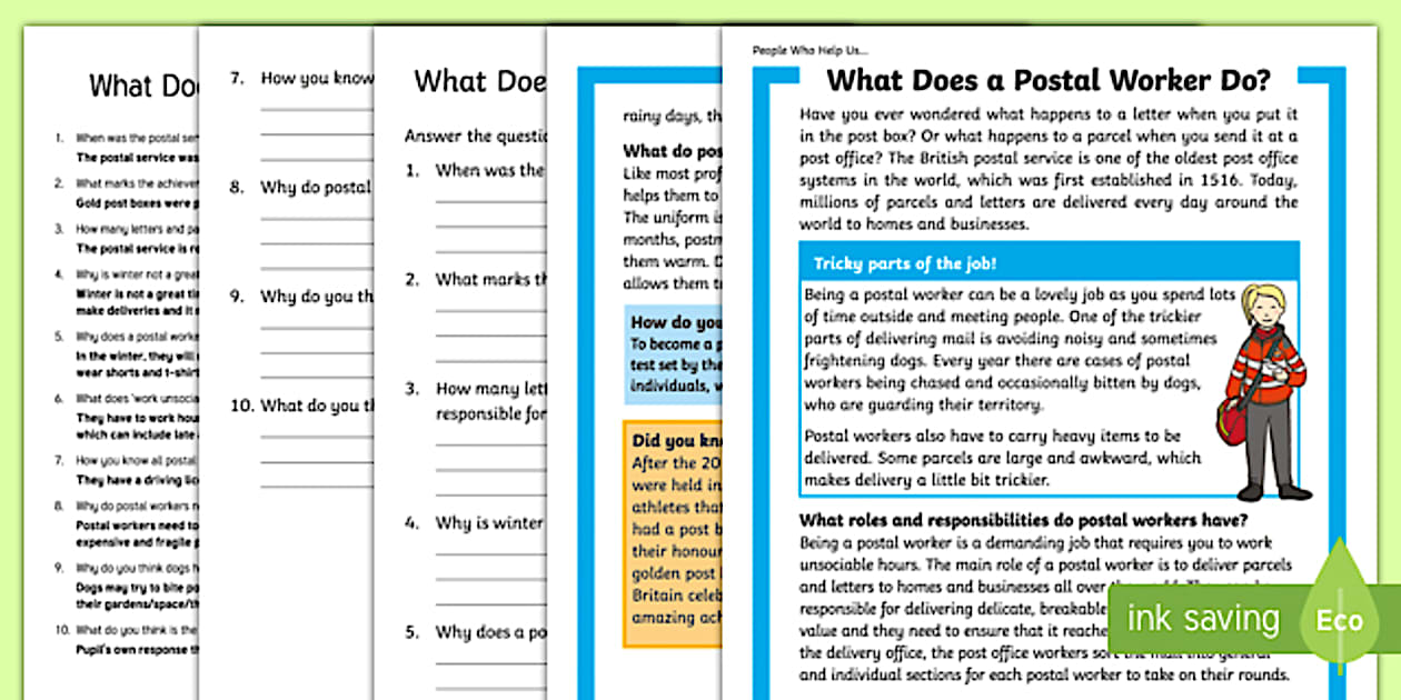 What Does A Postal Worker Do? Reading Comprehension - Twinkl