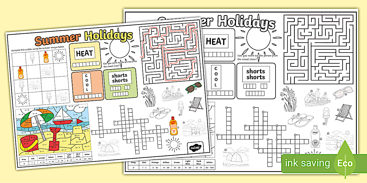 Summer Holidays Theme Activity Mat - Grade 5 and 6 - Twinkl