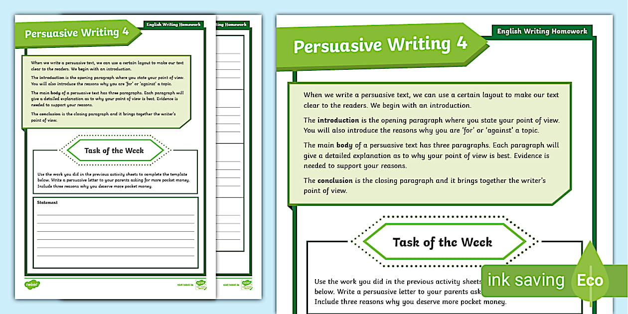 English Writing Homework Persuasive 4 3rd/4th Class - Twinkl