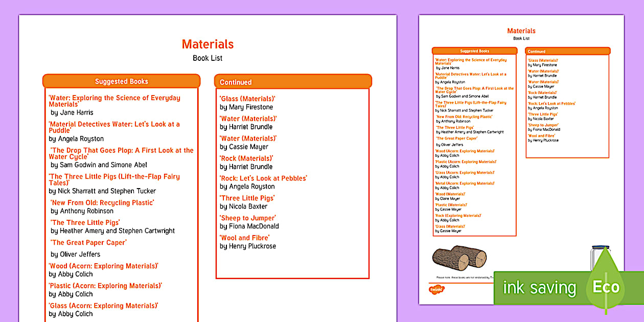 KS1 Materials Book List | Themed Reading Lists - Twinkl