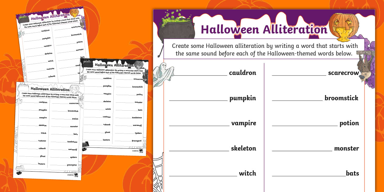 Halloween: Alliteration Worksheet (Teacher-Made) - Twinkl