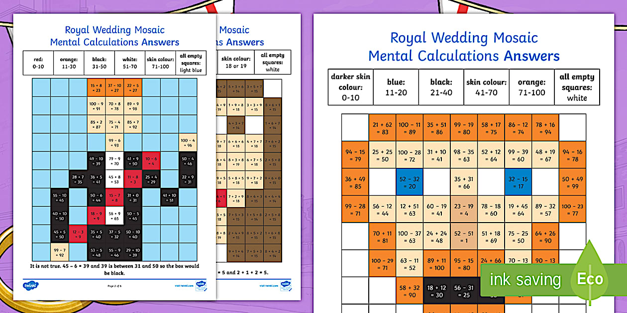 KS1 Royal Wedding Mental Calculation Maths Mosaic Worksheets