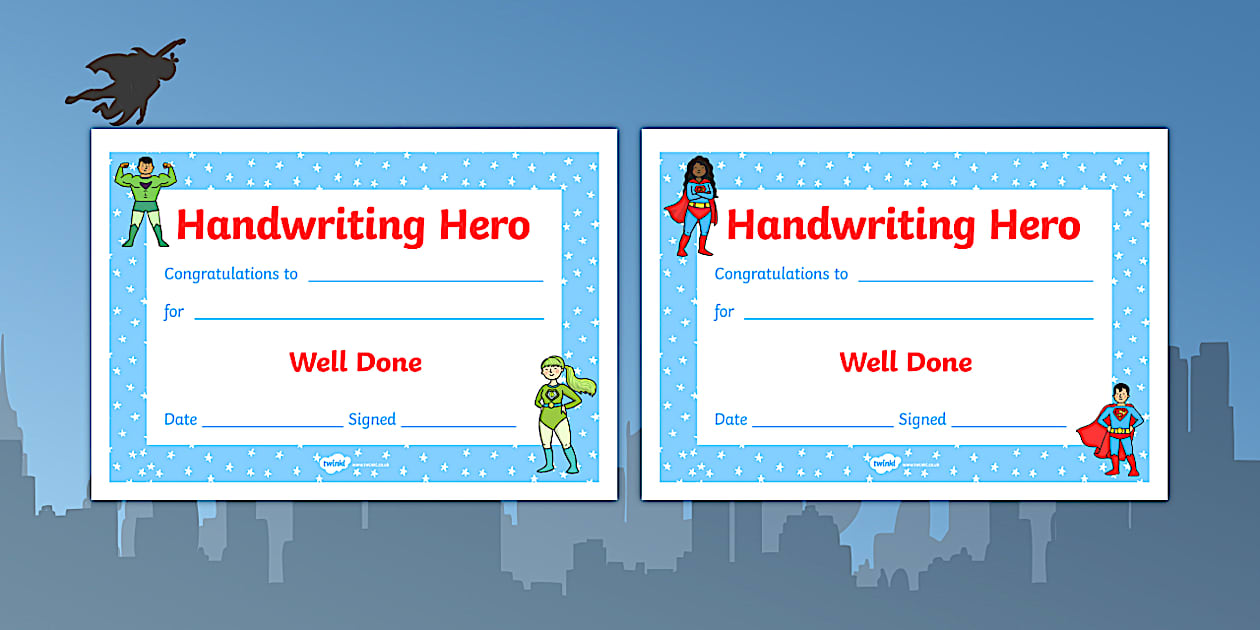 Editable Handwriting Hero Certificate Boys Girls - Twinkl