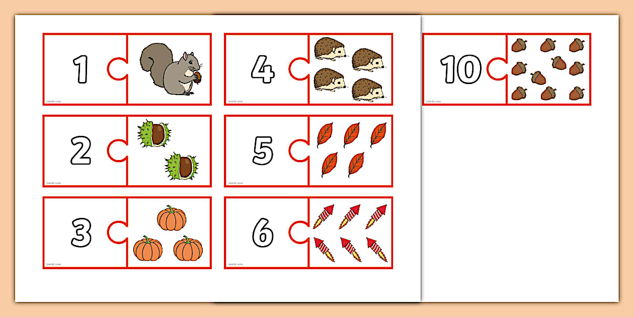 👉 Autumn-Themed Number and Picture Matching Jigsaw to 10