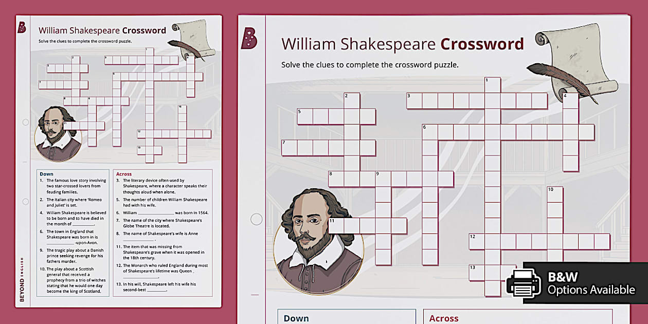 William Shakespeare Crossword (Teacher-Made) - Twinkl