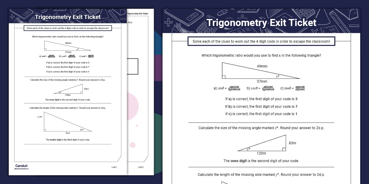 Trigonometry (Sides and Angles) Exit Ticket (teacher made)