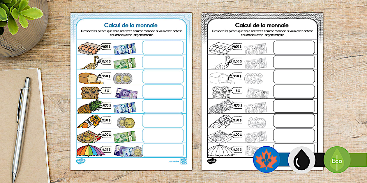 Canadian Money Calculating Change Activity French - Twinkl