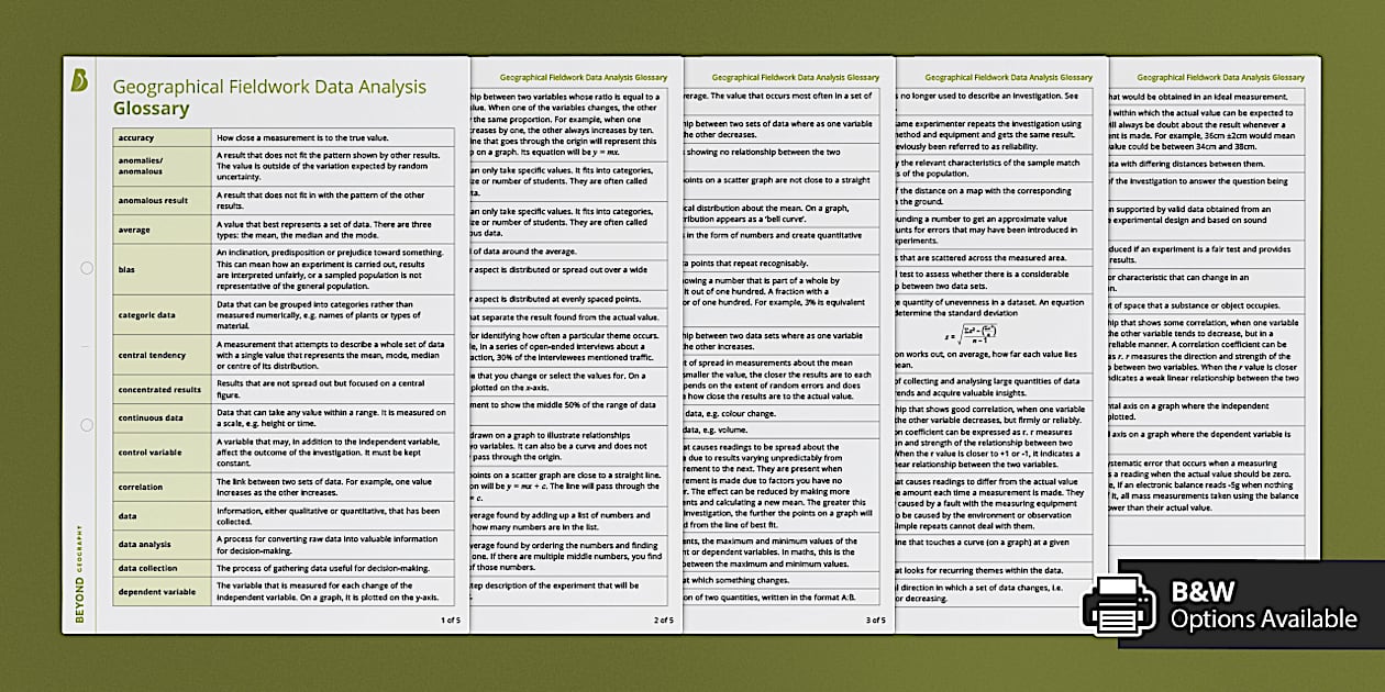 Geographical Fieldwork Data Analysis Glossary (teacher made)