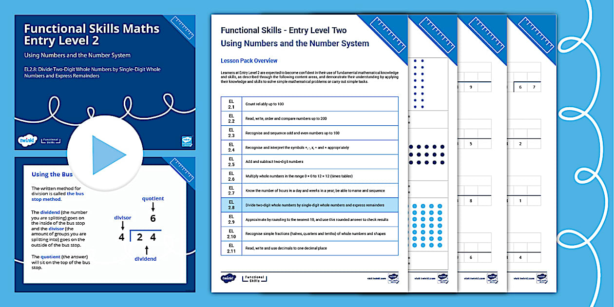 Maths Functional Skills Entry Level: 2.8: Divide Two-Digit Whole Numbers by