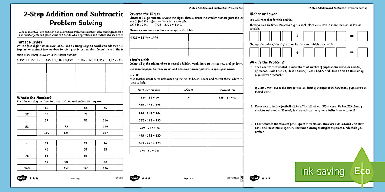 LKS2 Maths Two-Step Addition and Subtraction Problems Differentiated Worksheet
