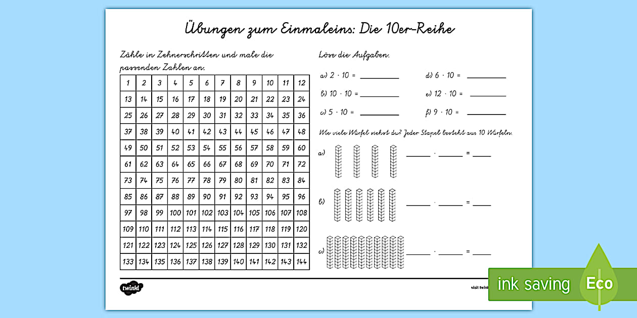 Übungen zum Einmaleins: Die 10er Reihe Arbeitsblatt