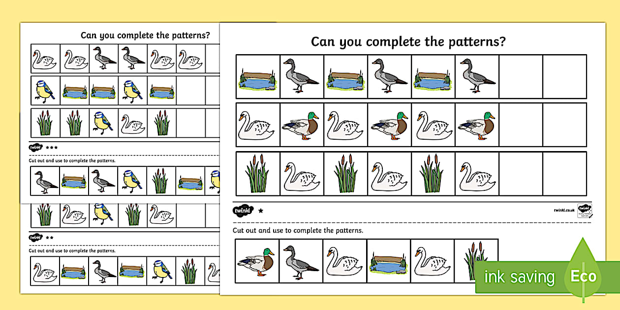 Black and White Ugly Duckling Complete The Pattern Worksheets