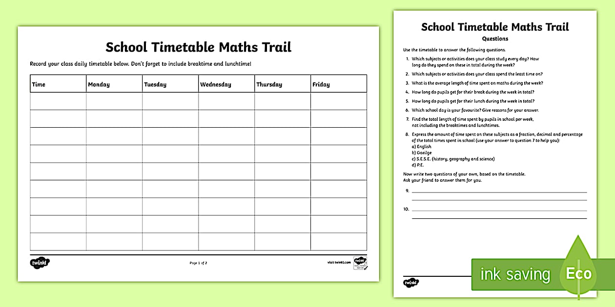 School Timetable Maths Trail Worksheet / Worksheet - Twinkl