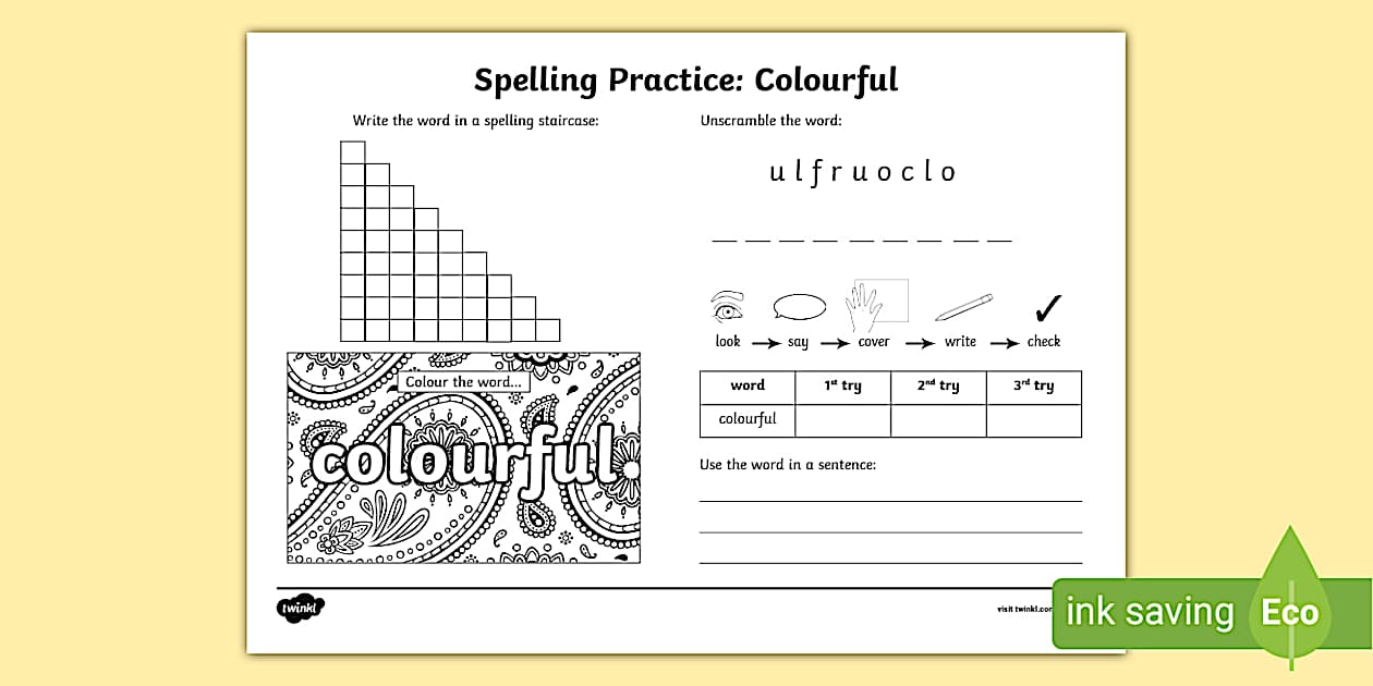 Colourful Spelling Practice Worksheet (teacher made)