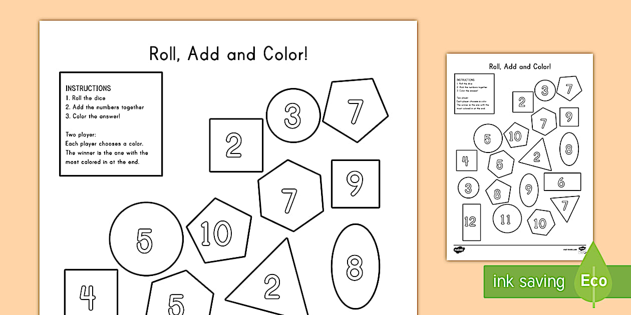 2D Shapes Color and Roll Dice Addition Activity - Twinkl