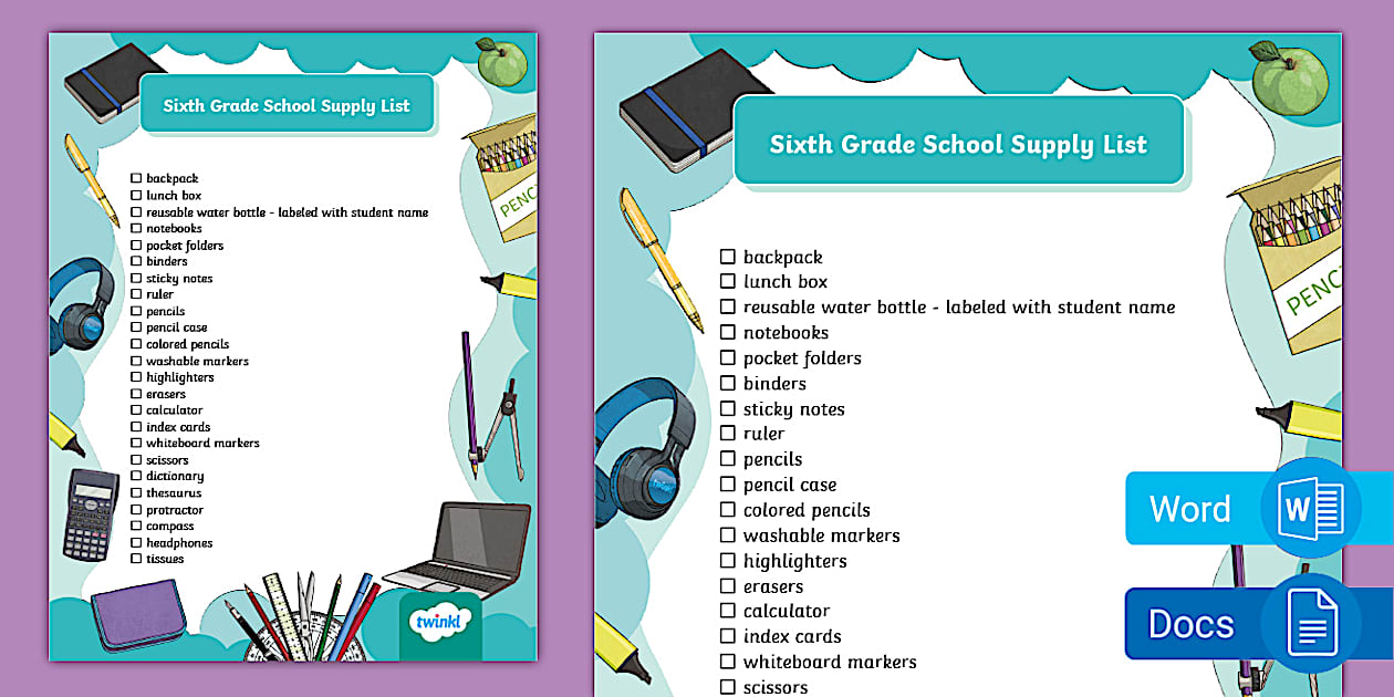 Sixth Grade Editable School Supply List - Twinkl