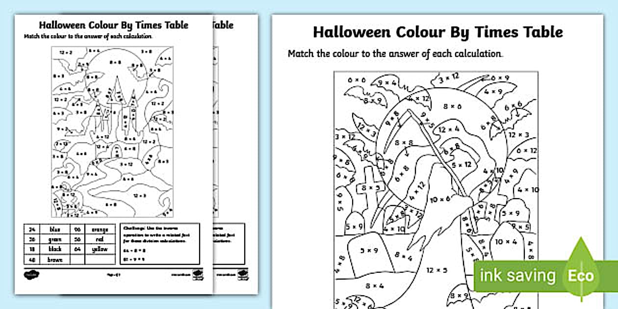 Lower Ability Halloween Colour by Calculation Times Table Maths Worksheet