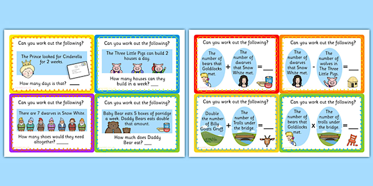 Cursive Traditional Tale Maths Word Problem Challenge Cards