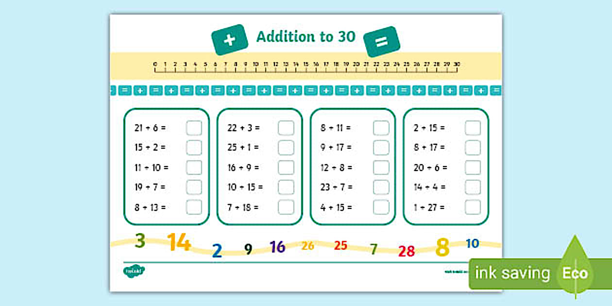👉 Addition to 30 Worksheet (teacher made) - Twinkl