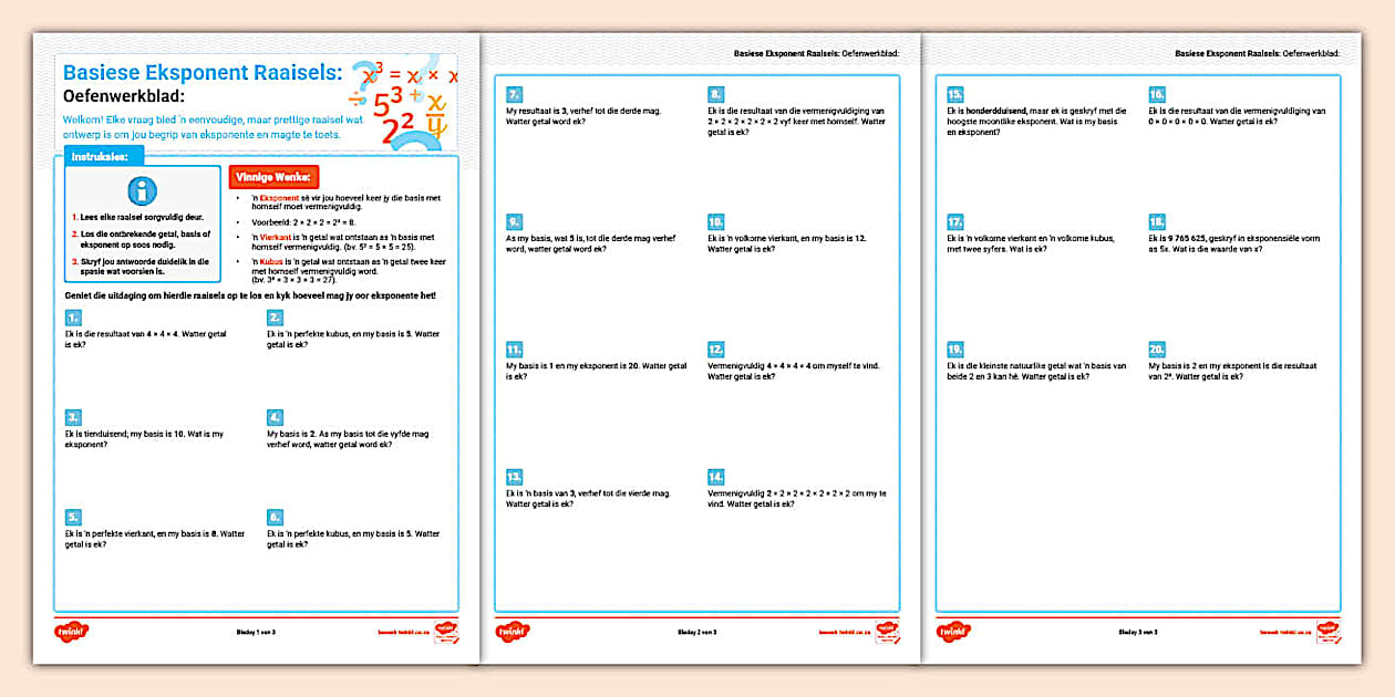 Basiese Eksponent Raaisels: Oefenwerkblad (teacher made)