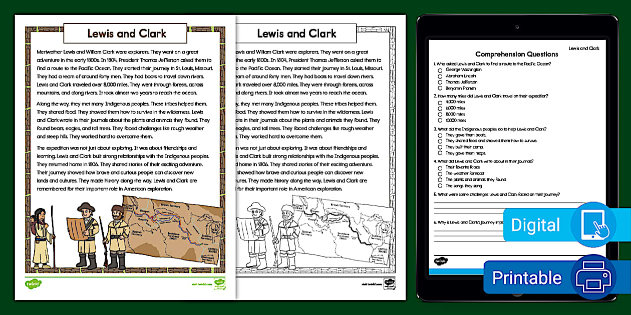 Second Grade Lewis and Clark Reading Comprehension Worksheet
