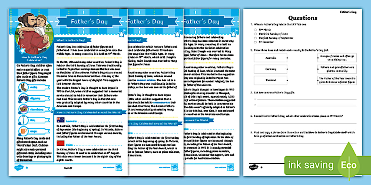 UKS2 Father's Day Differentiated Differentiated Reading Comprehension ...