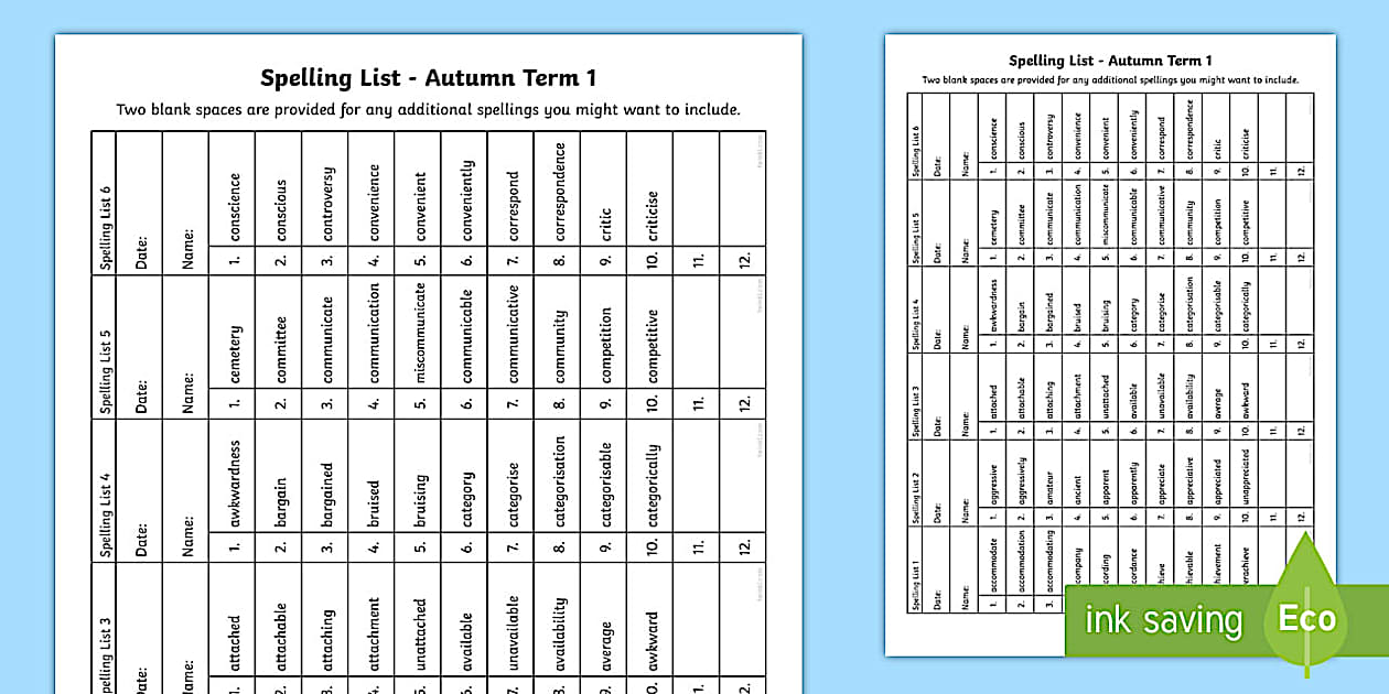 Editable Home Educators Spelling Lists Year 5 Autumn 1