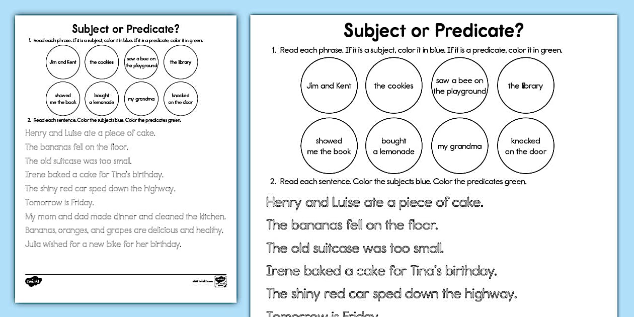 Subject and Predicate Worksheet (teacher made) - Twinkl