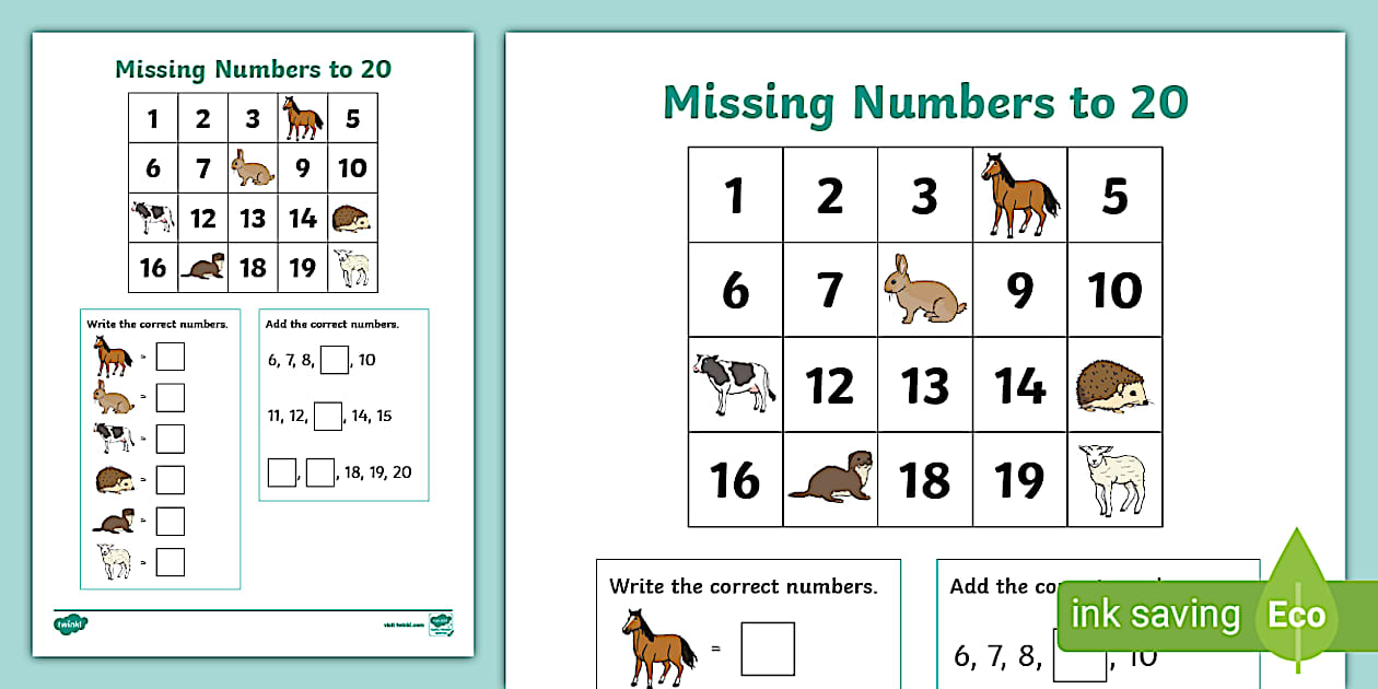 Animal Themed Missing Numbers to 20 Activity Sheet - Twinkl