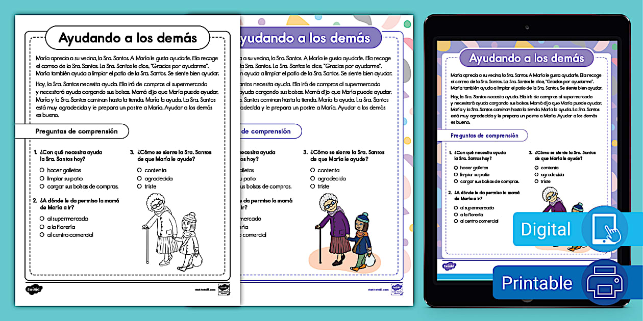 Actividad de comprensión de lectura para kindergarten: Ayudando a los demás