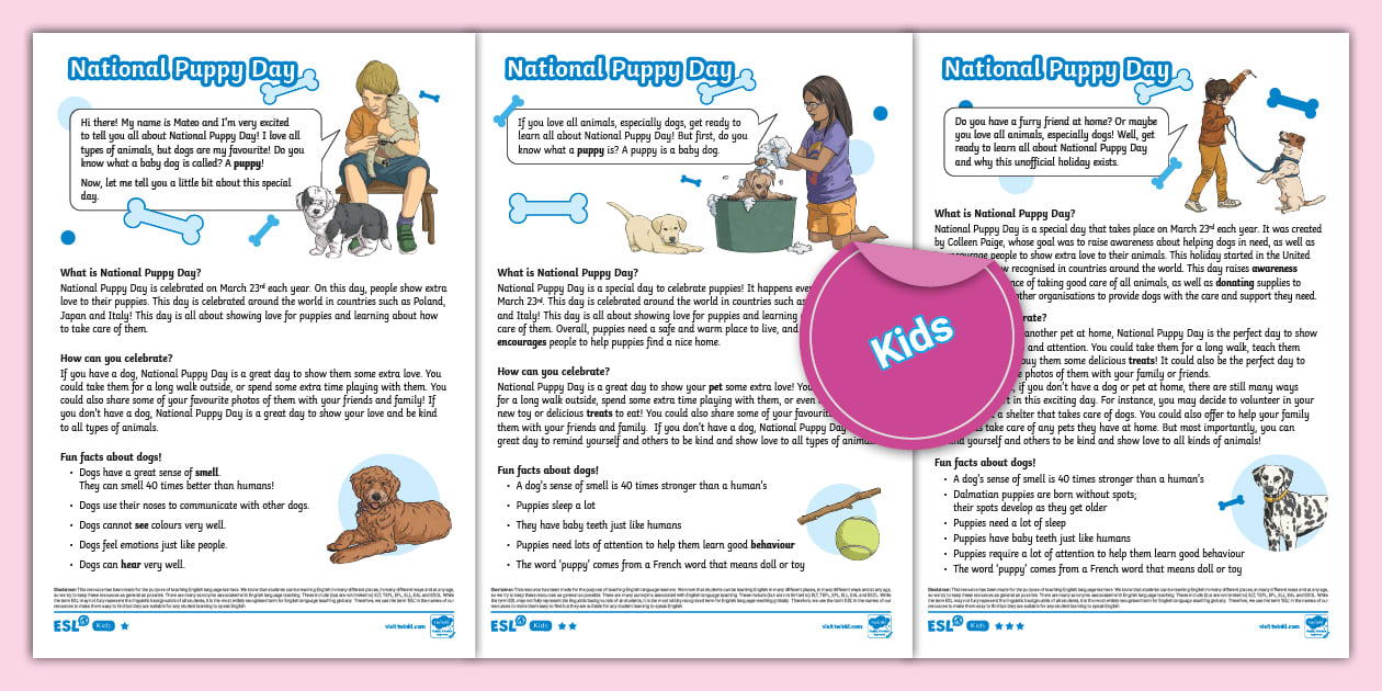 ESL National Puppy Day Reading Comprehension [Kids] - Twinkl
