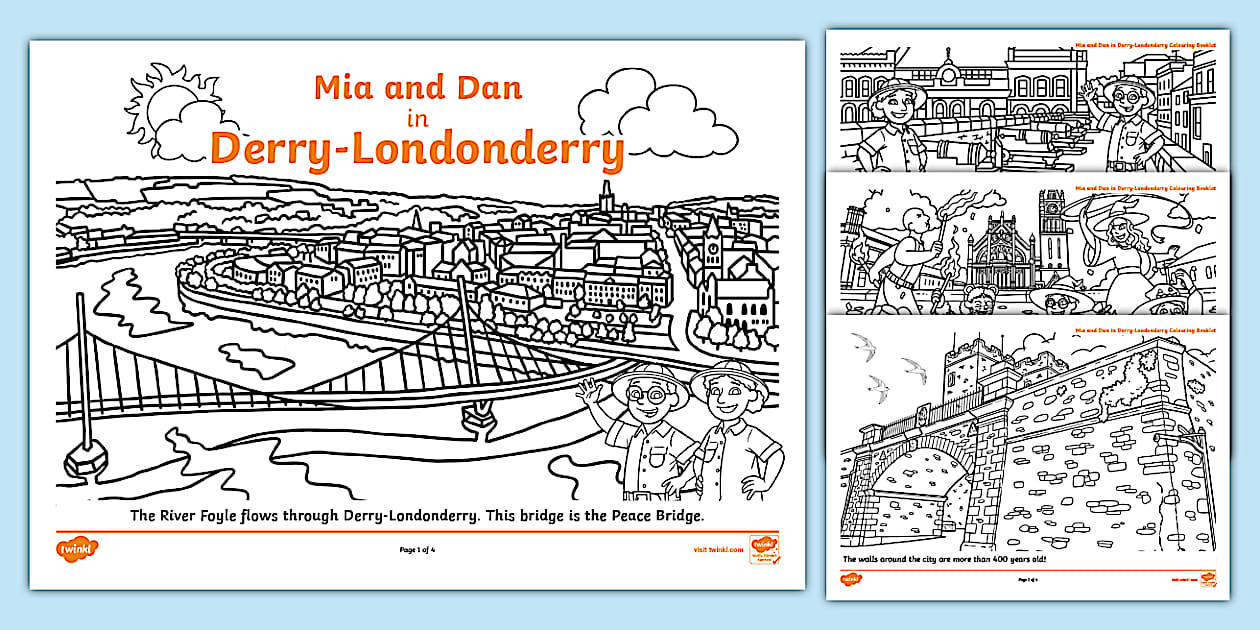 Mia and Dan in Derry-Londonderry Colouring Booklet - Twinkl