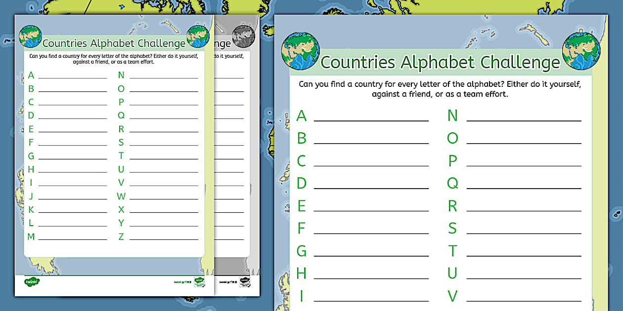 Countries Alphabet Challenge Worksheet - Twinkl
