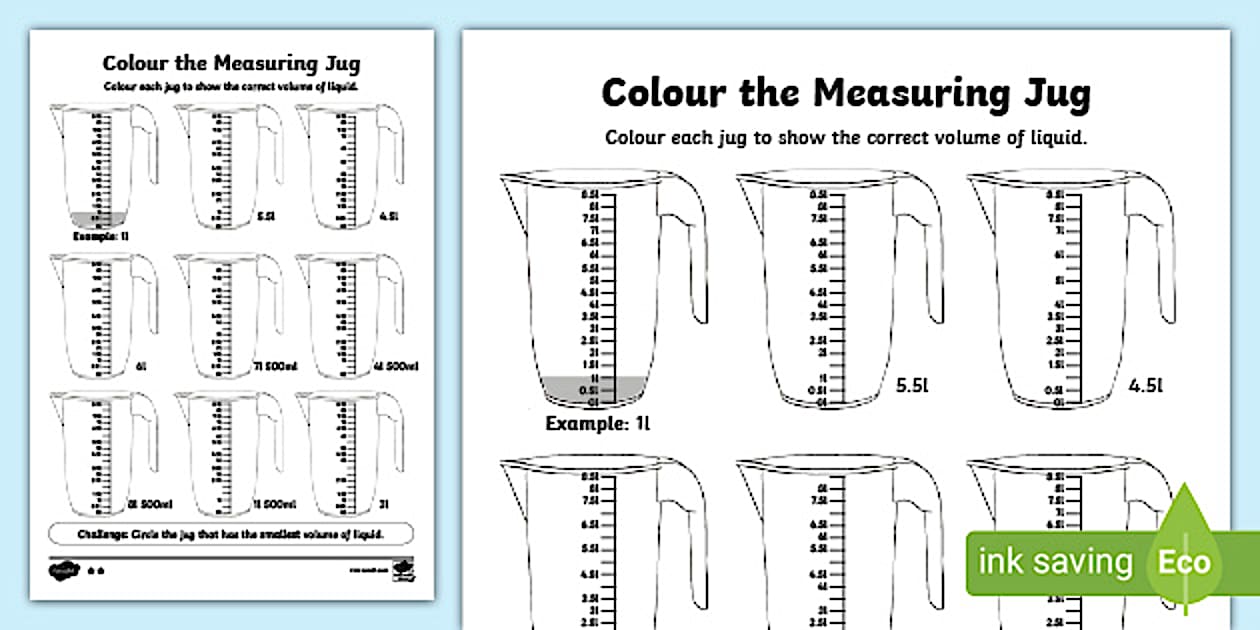 Colour the Measuring Jug (litres) Differentiated Worksheet