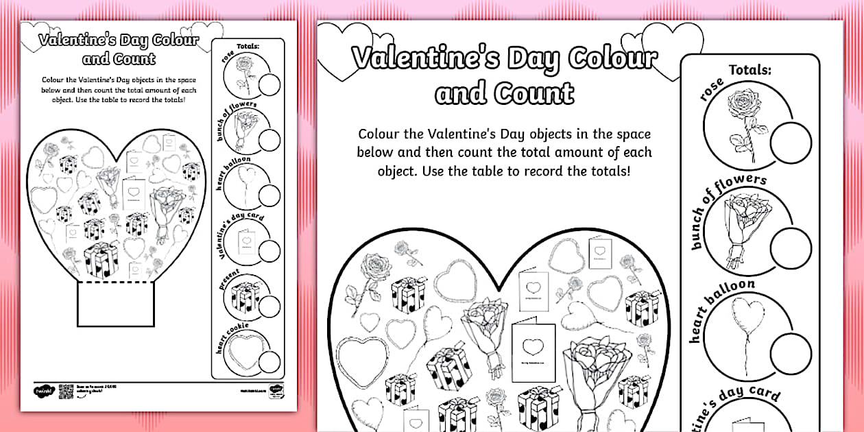 👉 Valentine's Day Colour and Count Worksheet - Twinkl