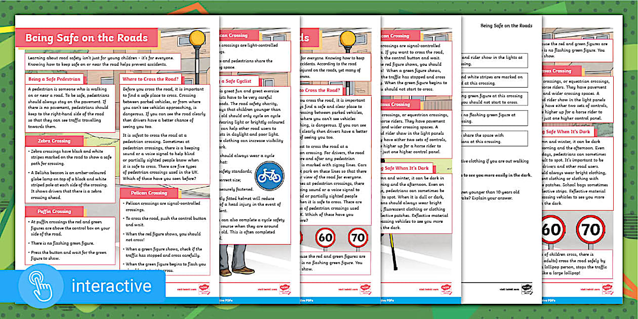 Interactive PDF: Being Safe on the Roads Comprehension.