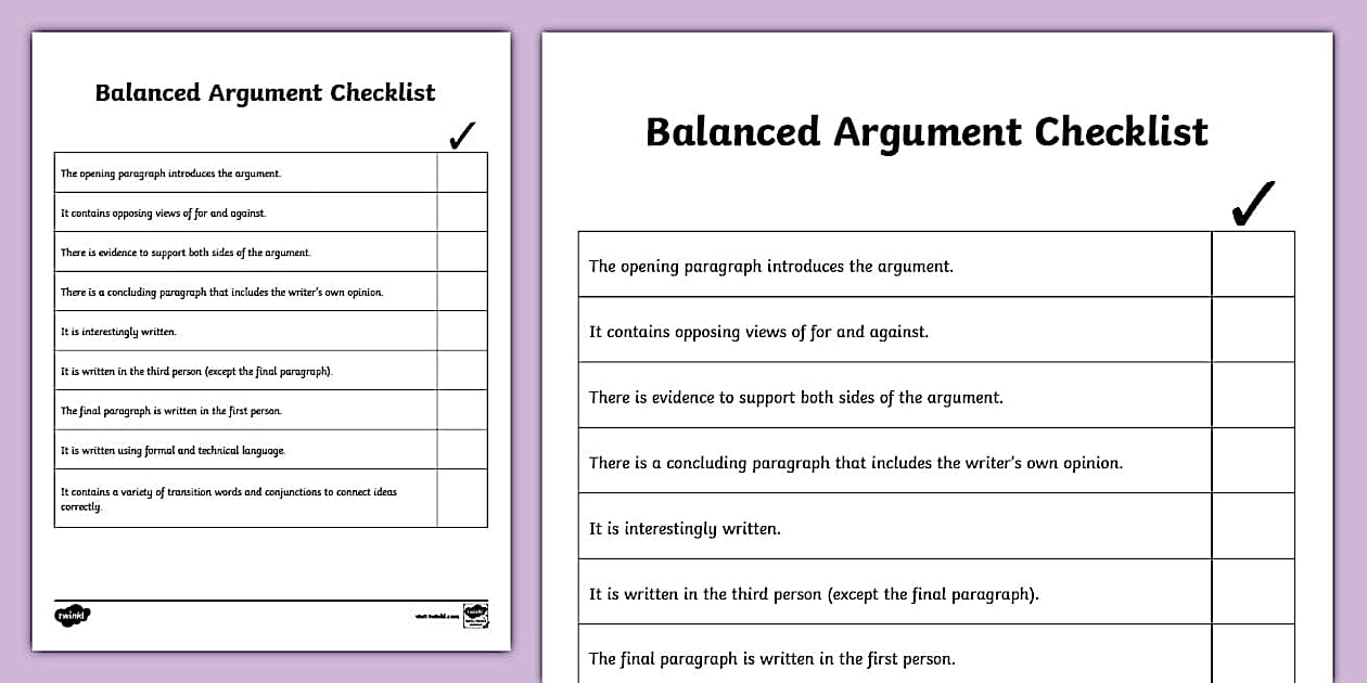 Balanced Argument Checklist for 6th-8th Grade (teacher made)