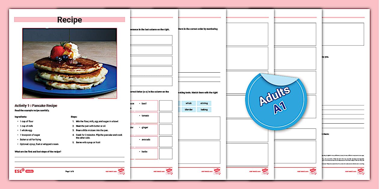 ESL Recipe Worksheet [Adults, A1] (teacher made) - Twinkl