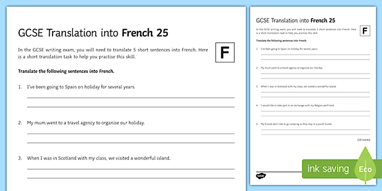 GCSE French Translation into French 25 Foundation Tier Worksheet ...
