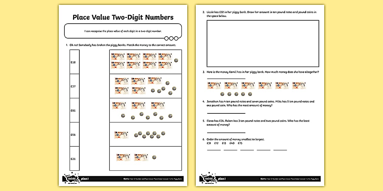 Place Value Two-Digit Numbers Money Worksheet / Worksheet