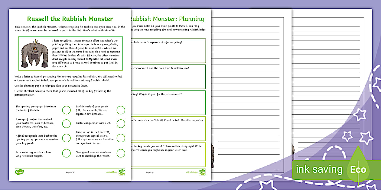 Russell the Rubbish Monster: Persuasive Letter Writing Activity (Ages 7 ...